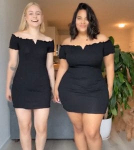 Two friends take photos showing how the same outfit looks on different ...