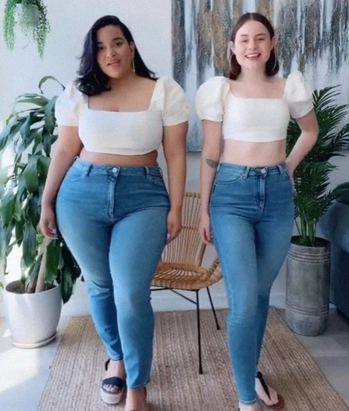 Two friends take photos showing how the same outfit looks on different ...