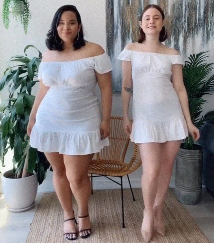 Two friends take photos showing how the same outfit looks on different ...