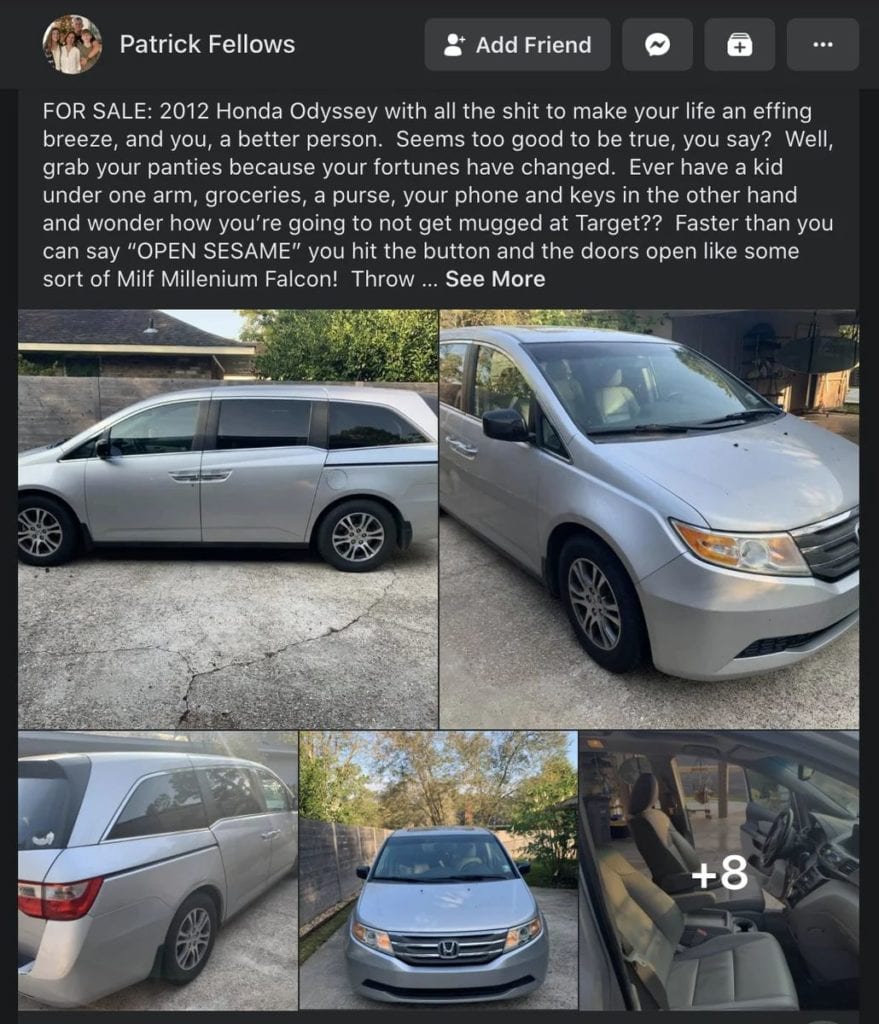 Dad’s absurd Facebook ad to sell his family’s minivan spreads like ...